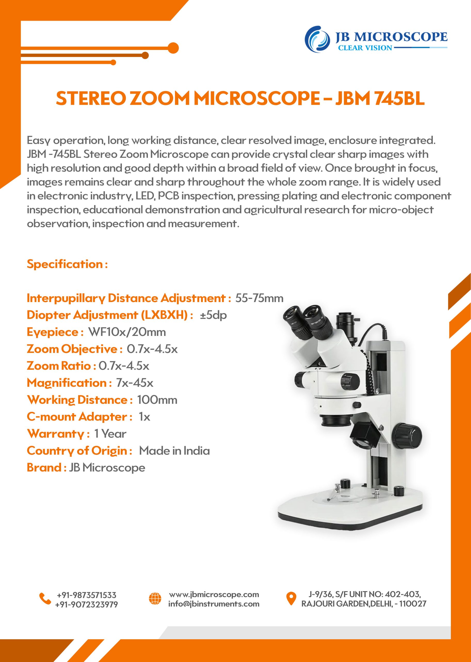 Stereo Zoom Microscope - JBM 745BL - JB Microscope