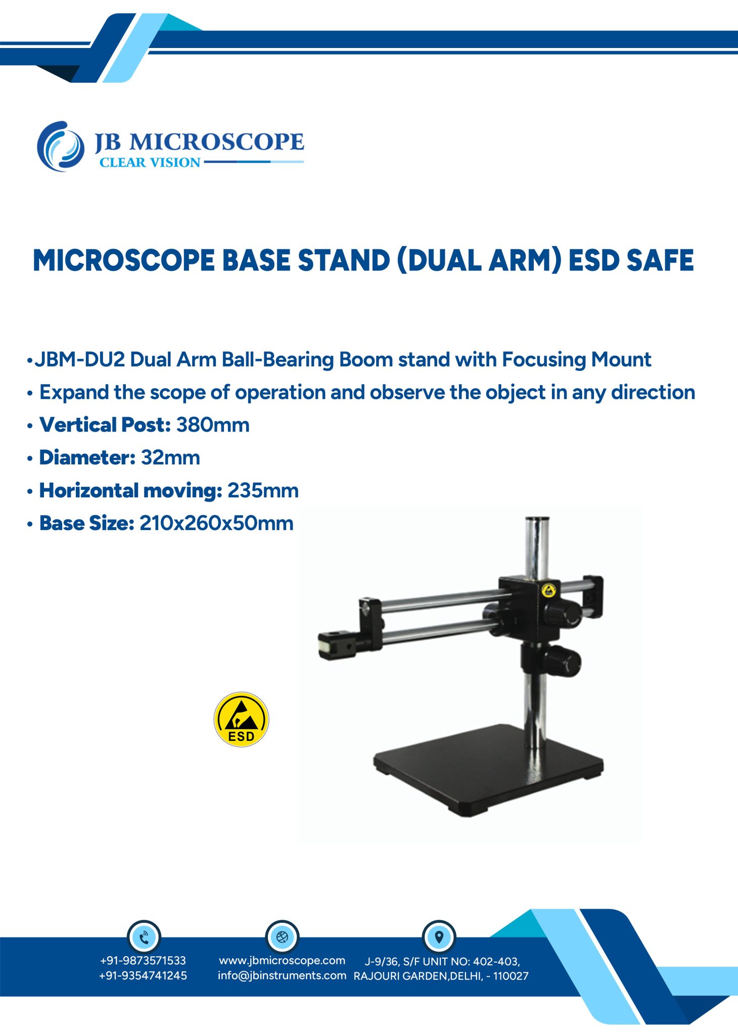 Microscope Base Stand (Dual Arm) ESD Safe - JB Microscope